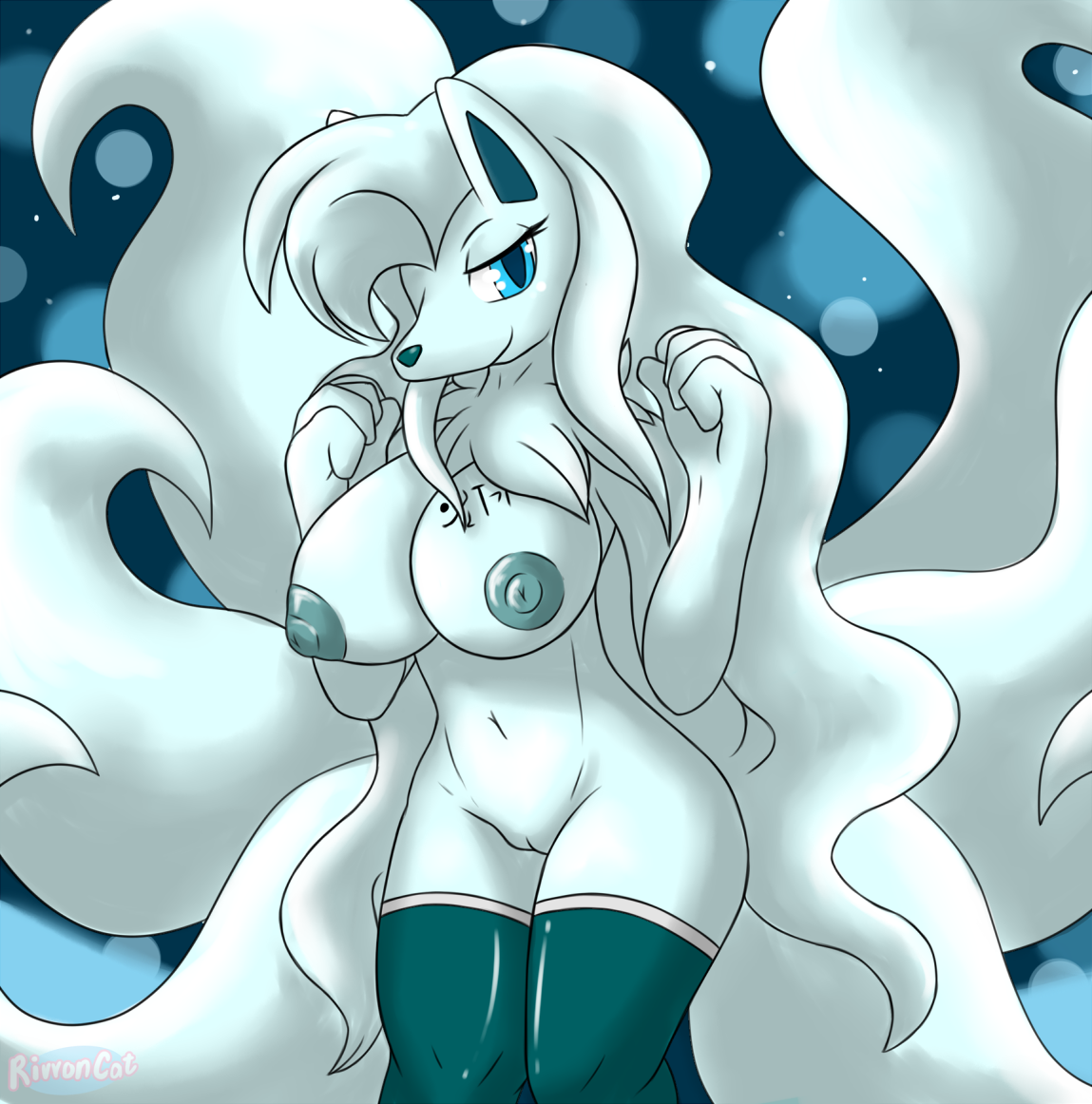 Rule 34 2019 Alolan Form Alolan Ninetales Anthro Areola Big Breasts Blue Areola Blue Eyes Blue